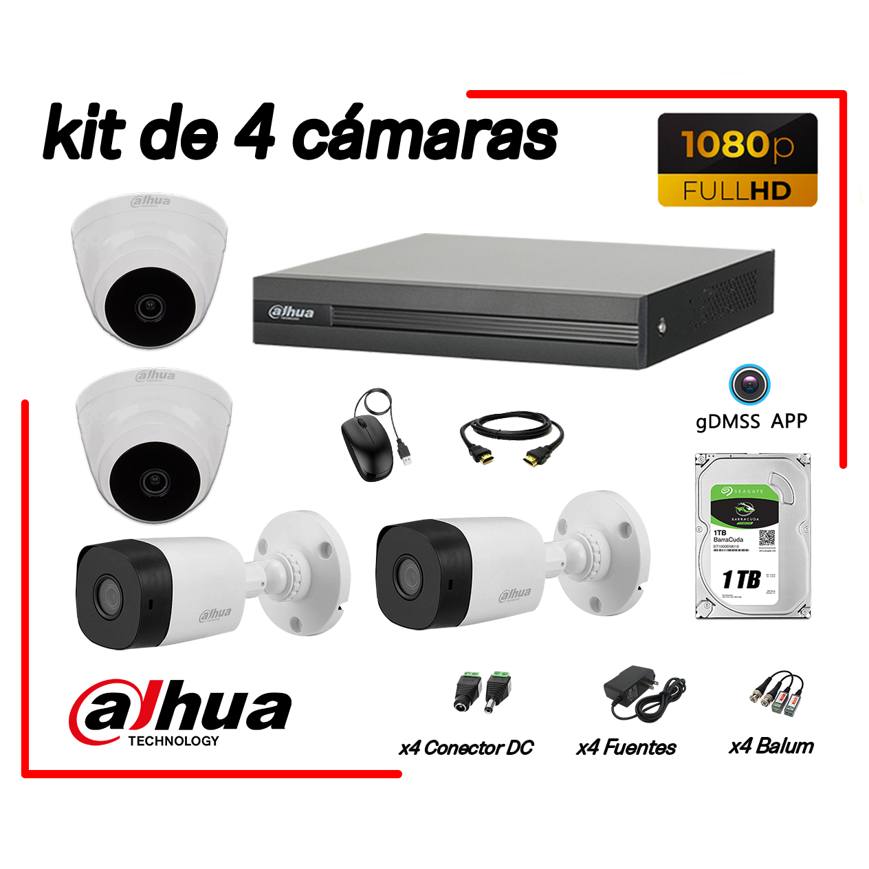 Ripley - DAHUA KIT 4 CÁMARAS DE SEGURIDAD FULL HD 1080P + DISCO 1TB ...