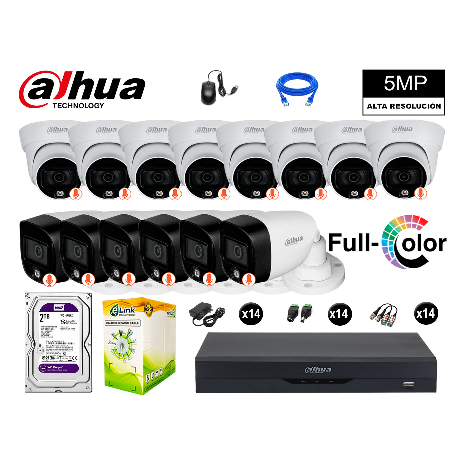CÁMARAS SEGURIDAD DAHUA KIT 14 5MP + DISCO 2TB VISION NOCTURNA FULL COLOR