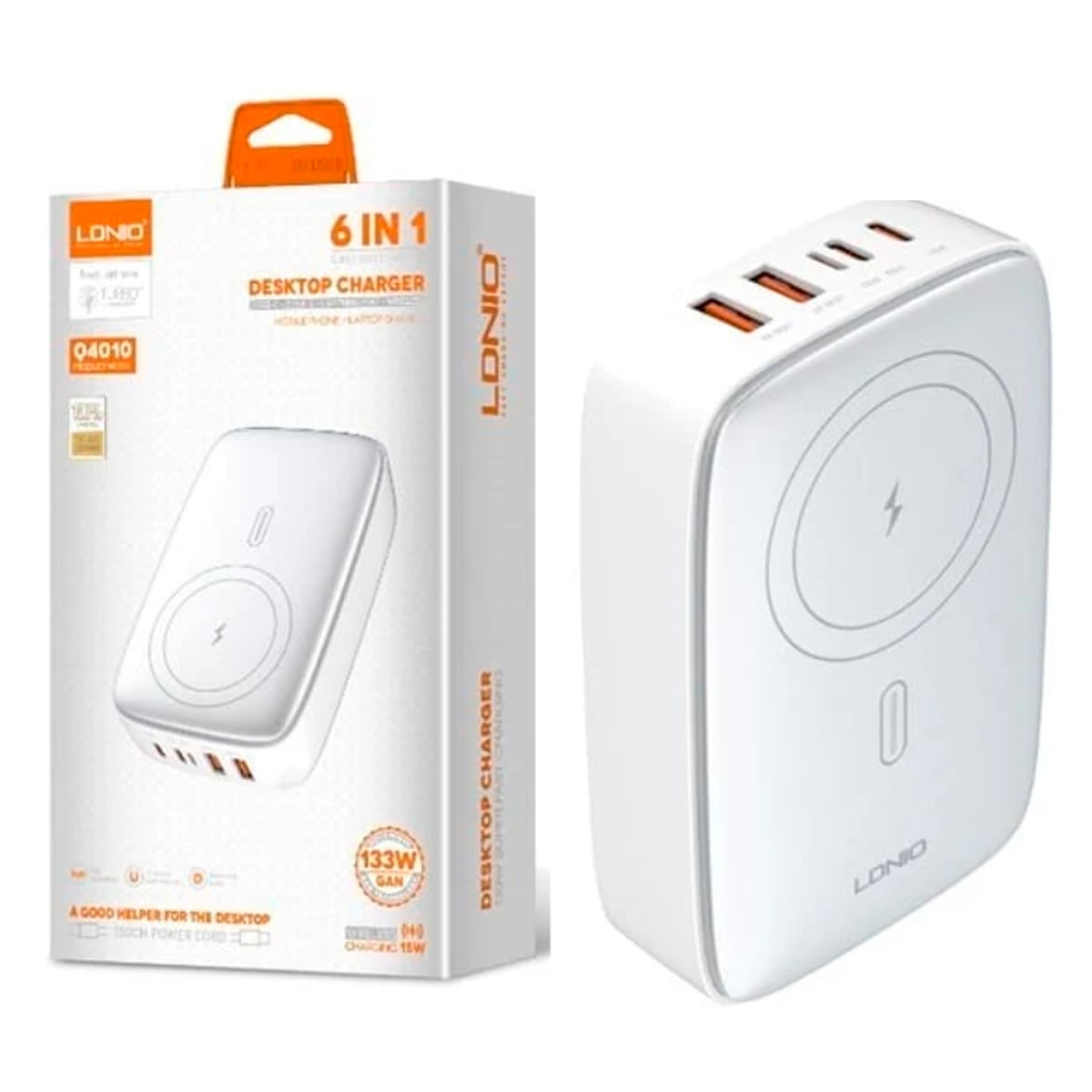 CARGADOR INALÁMBRICO DE ESCRITORIO GAN MULTIPUERTO 6 EN 1 LDNIO Q4010 140W