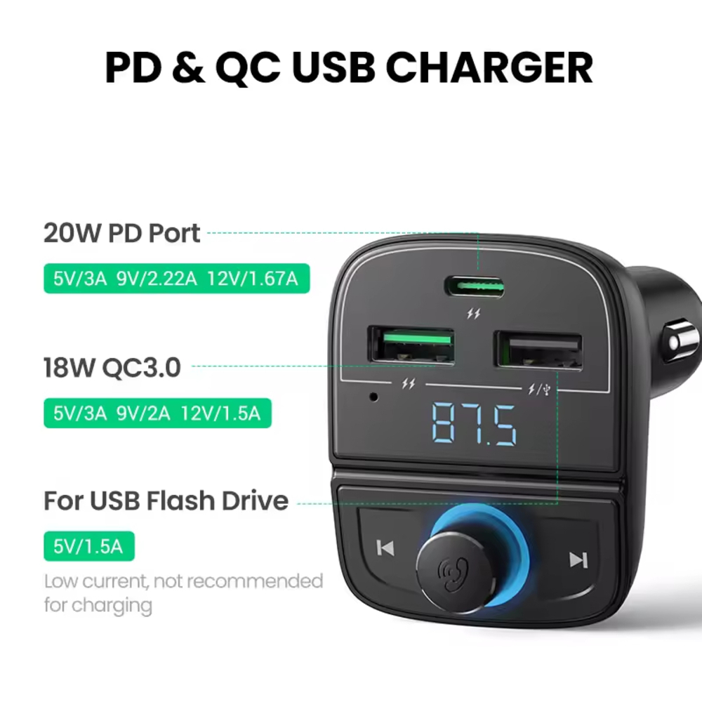 CARGADOR BLUETOOTH AUTO UGREEN CD229 – PD, QC3.0, USB/TF