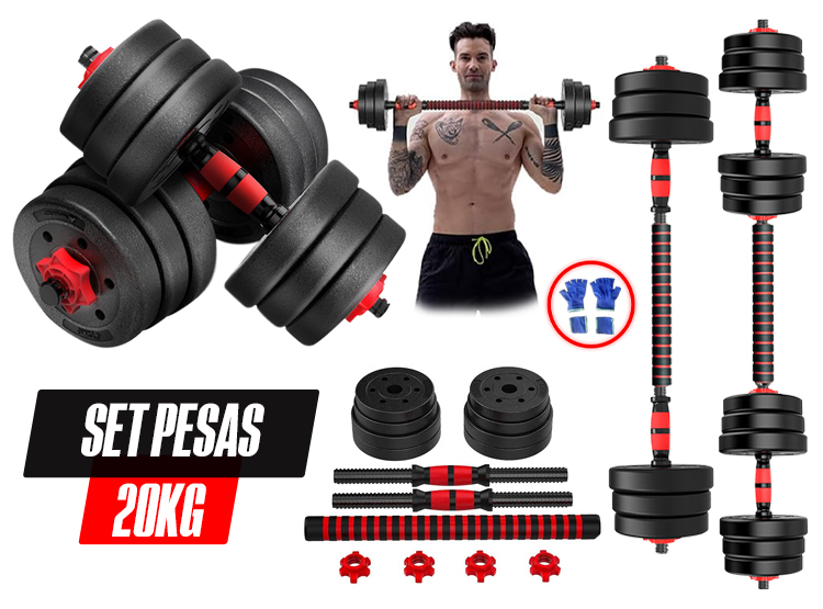 PESAS KIT 20KG CROSSFIT CONVERTIBLES MULTIFUNCION MANUBRIOS Y BARRAS