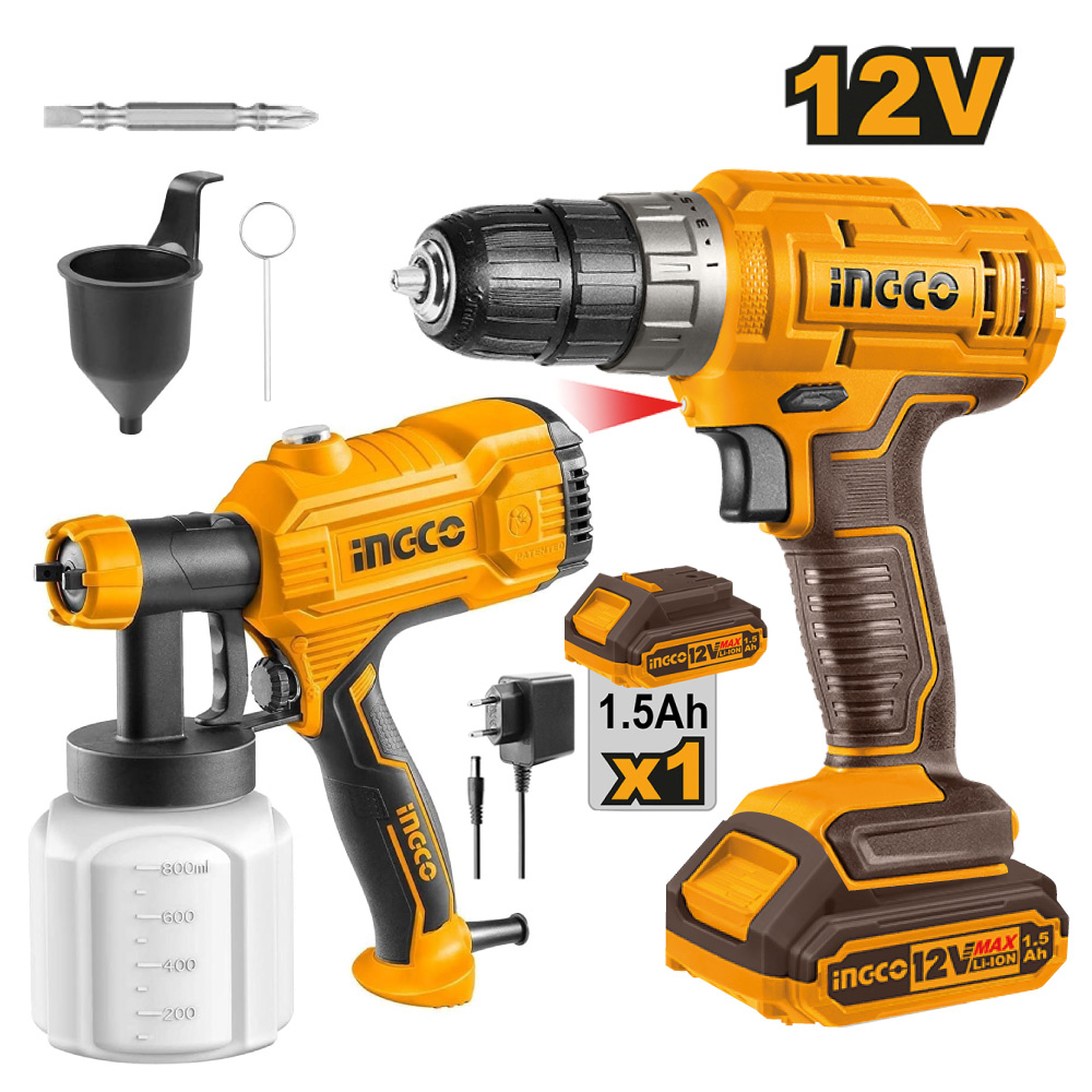 COMBO TALADRO ATORNILLADOR INGCO 12V CDLI1218 + PISTOLA PARA PINTAR ...