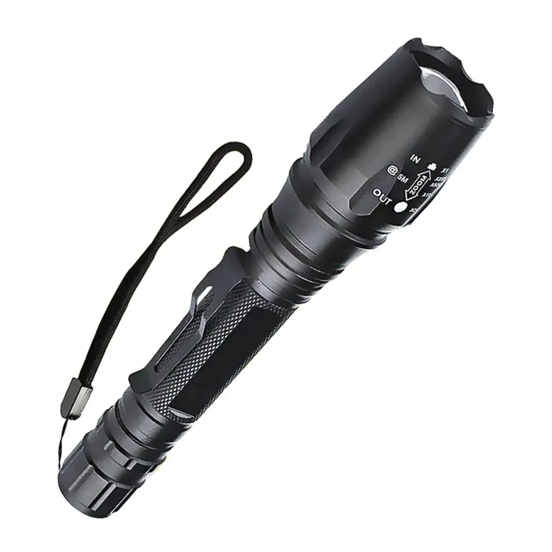 LINTERNA TÁCTICA BOSSNEY LED T6 CON ZOOM Y SEÑALIZADOR DE EMERGENCIA