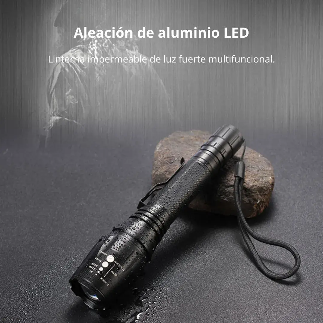 LINTERNA TÁCTICA BOSSNEY LED T6 CON ZOOM Y SEÑALIZADOR DE EMERGENCIA
