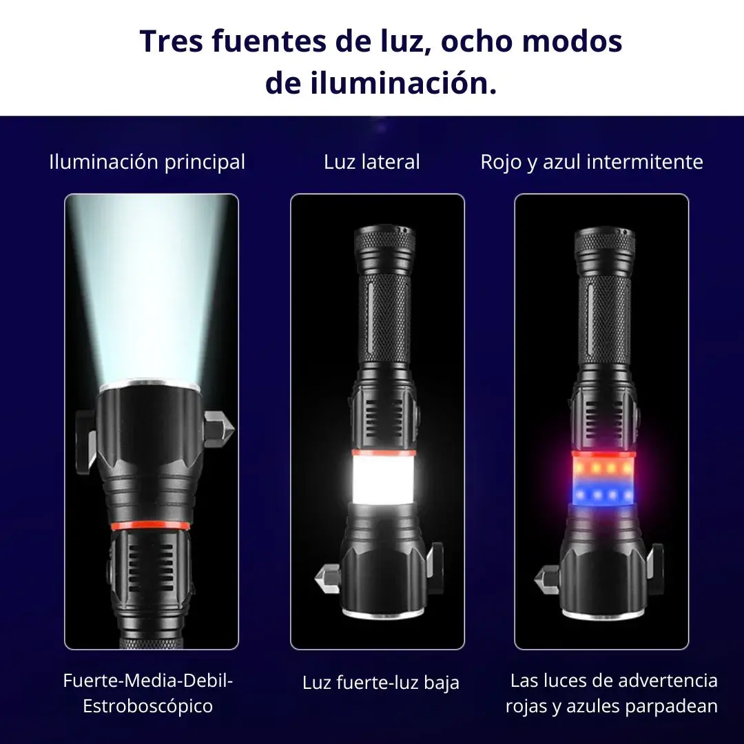 LINTERNA TÁCTICA LED RECARGABLE CON MARTILLO ZOOM Y LUZ DE EMERGENCIA