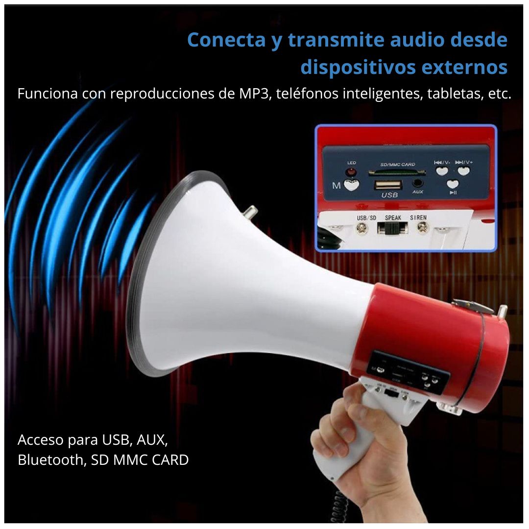 MEGÁFONO BOSSNEY 80W RECARGABLE CON MICRÓFONO GRABACIÓN 300S Y SIRENA