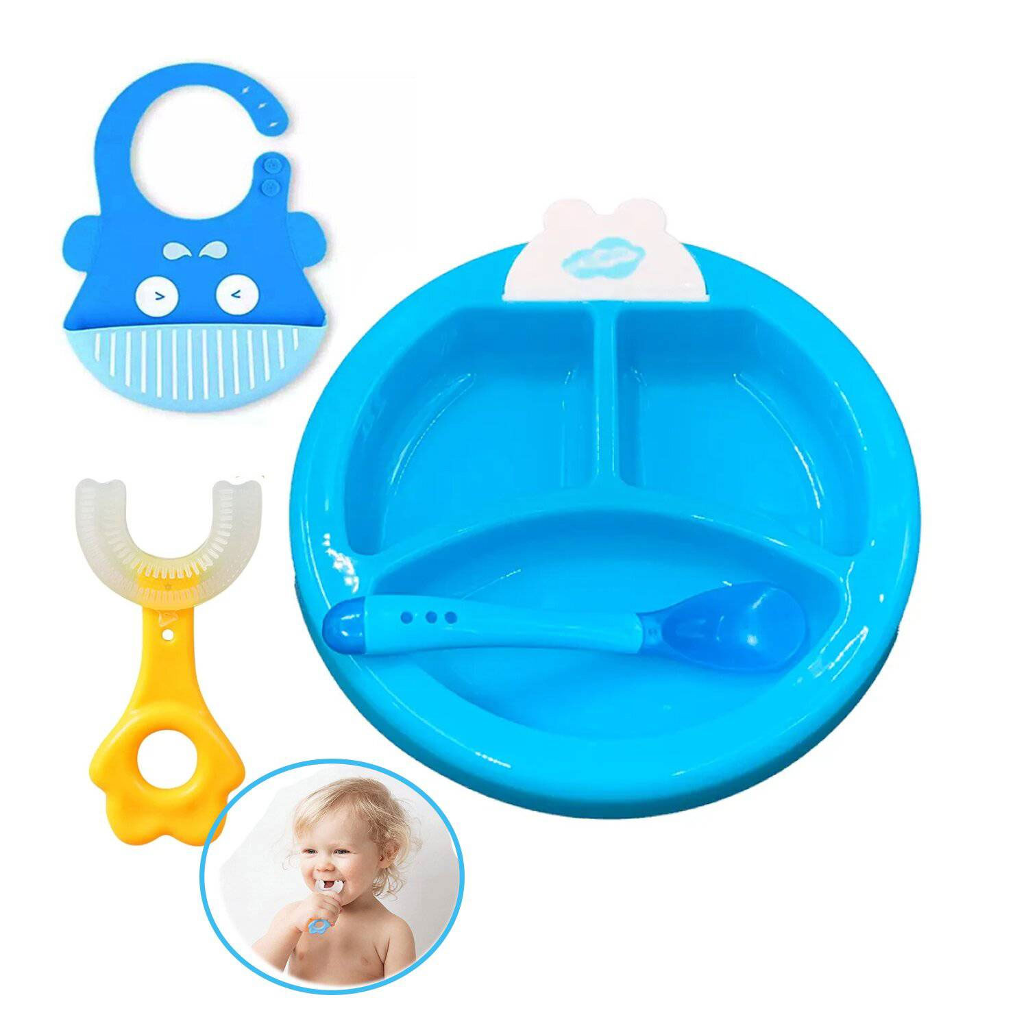 Ripley - SET RR33-AZUL MULTICOLOR PLATO TÉRMICO ANTIDESLIZANTE + CUCHARA A