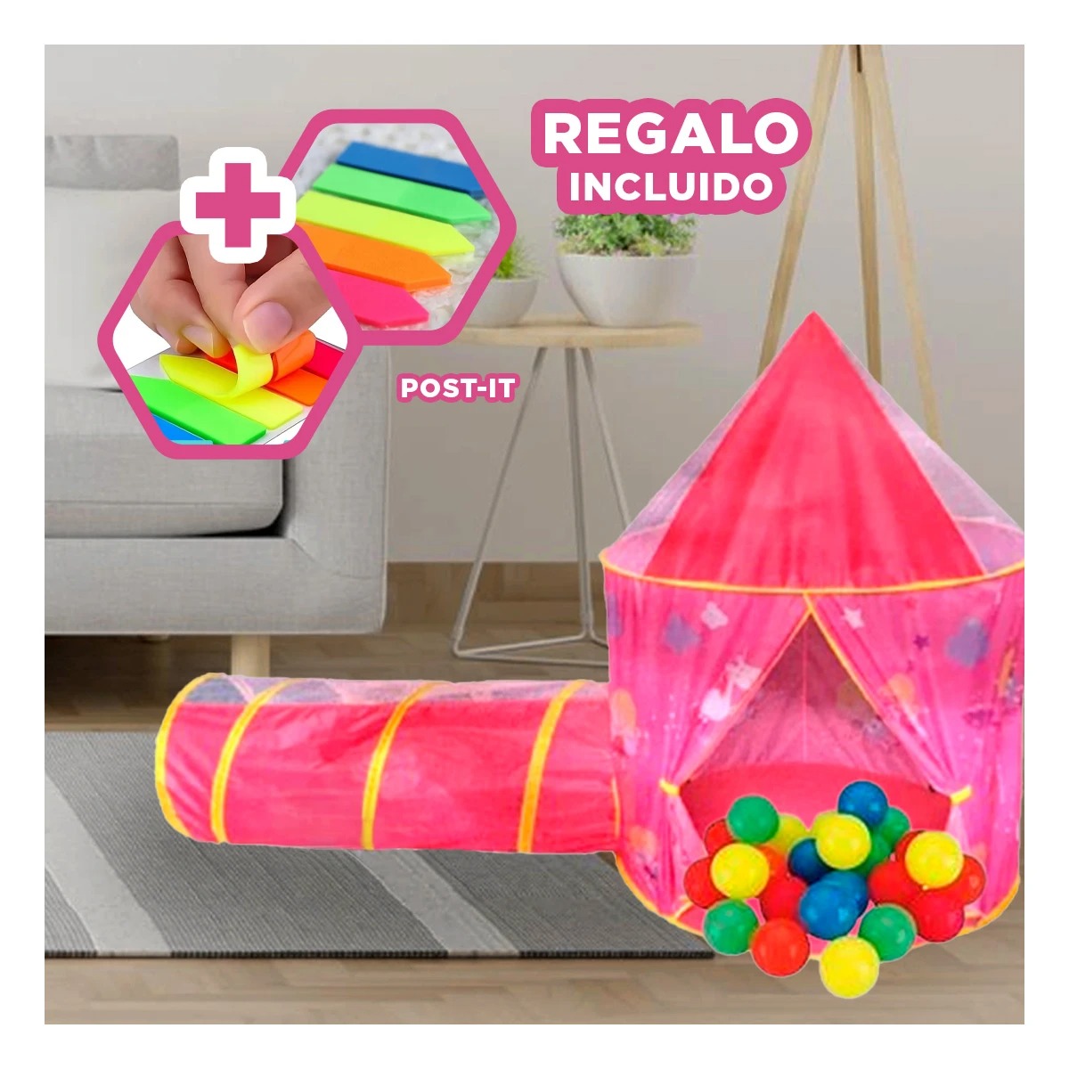 TIENDA PRACTICA DE COLOR ROSADO Y+BANDERITAS ADHESIVAS