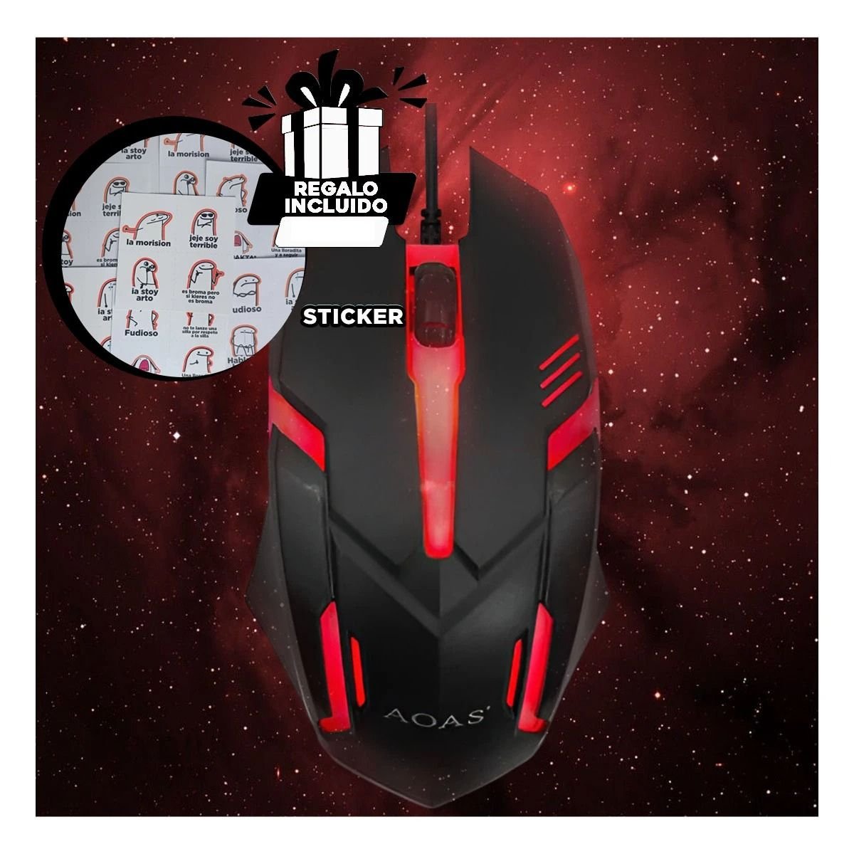 MOUSE RYBIU DINAMICO GAMER CON LUCES NEGRO + REGALO STICKERS TE31596