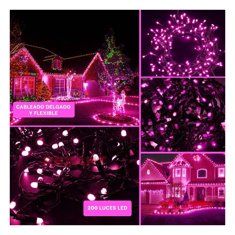 LUCES NAVIDENAS ROSADO 200 LED CON 5 SECUENCIAS PARA DECORAR TU CASA