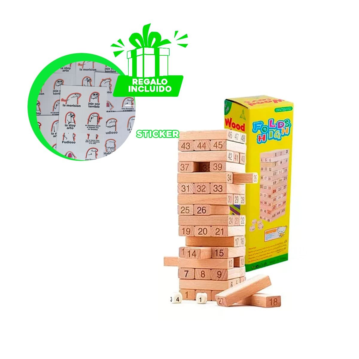 JENGA DE DIVERSION FAMILIAR COLOR MADERA Y+REGALO STICKERS