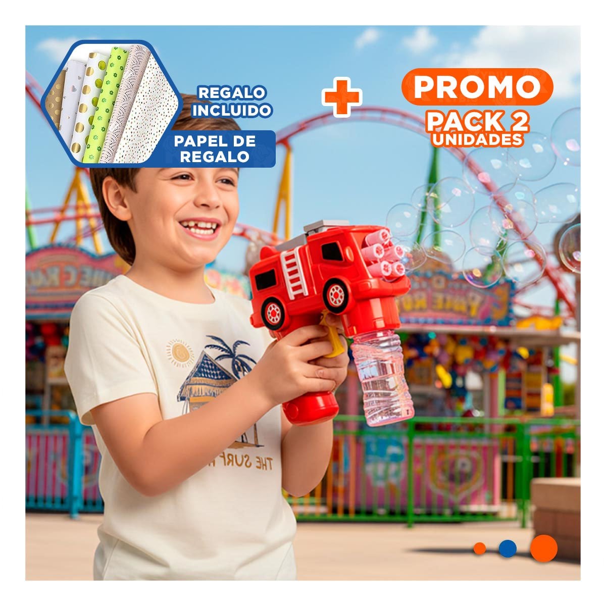 PACK2 LANZADOR DE BURBUJAS PARA NINOS ROJO Y+PAPEL DE REGALO