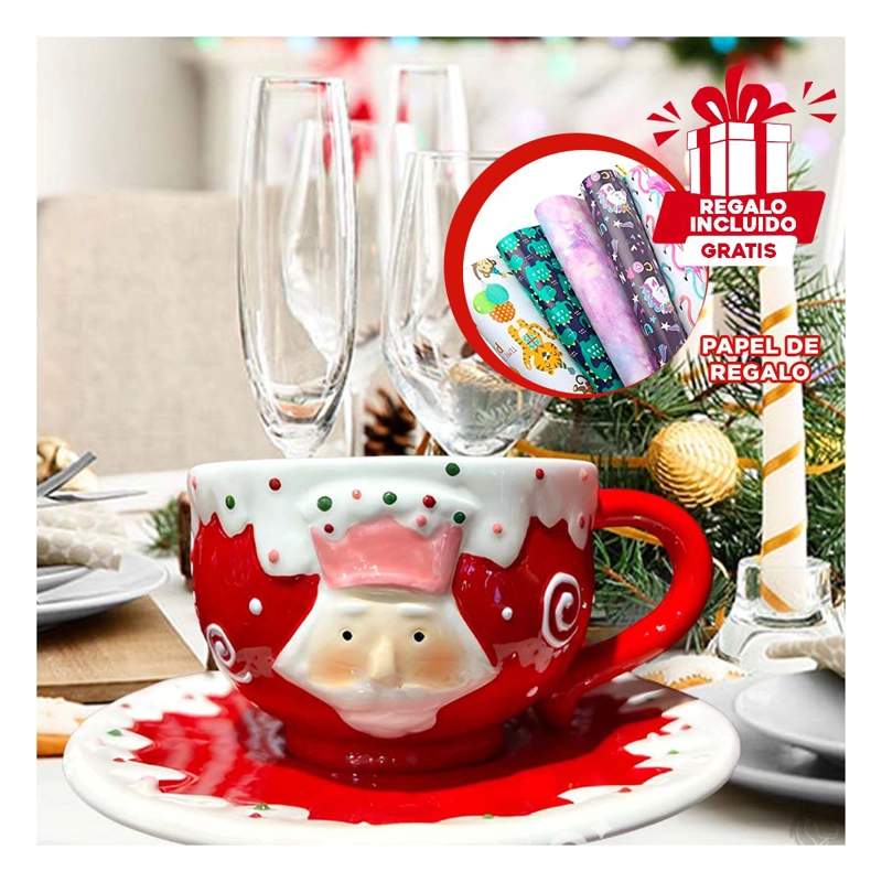 TAZA DE CERAMICA NAVIDEÑA CON PLATO Y REY ROSADO Y CHISPITAS PARA HOGAR ...