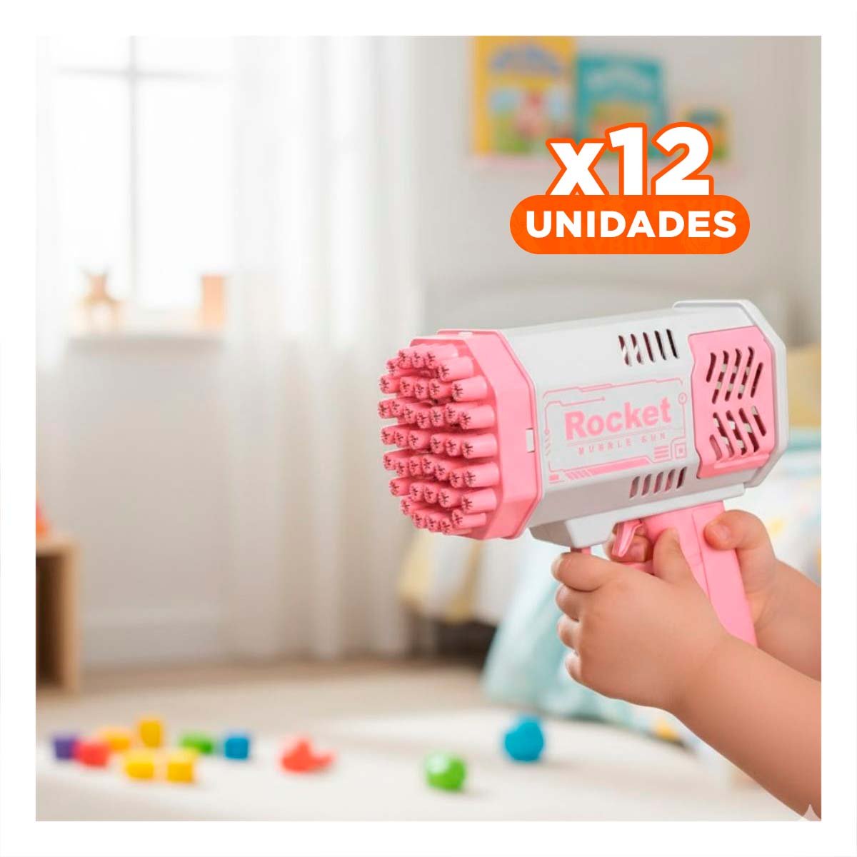 PACK12 JUGUETE DE BURBUJAS MANUAL TIPO COHETE ROSADO Y BLANCO PARA NINOS