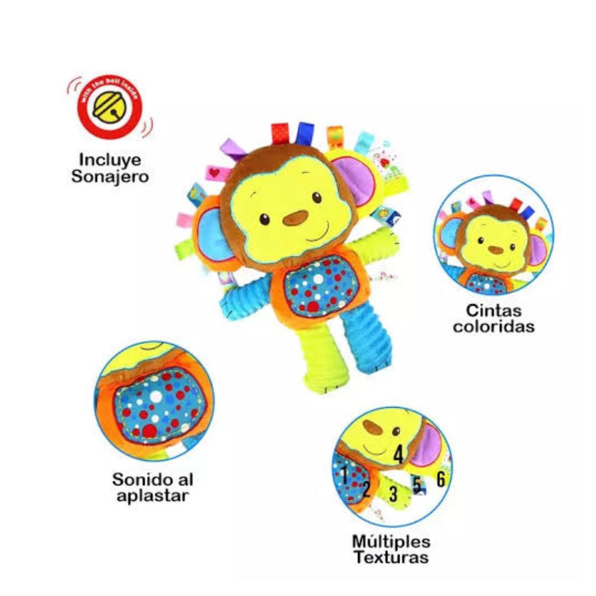 JUGUETE SONAJERO DE APEGO PARA BEBE FELPA SUAVE MONITO CON TEXTURAS