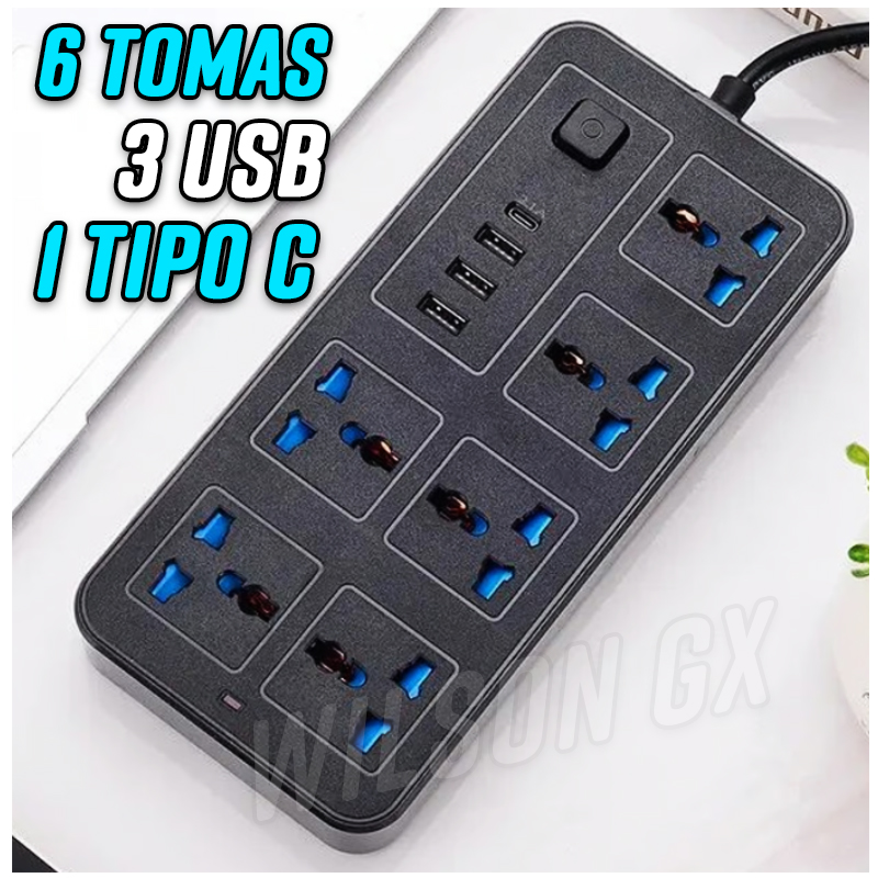 ENCHUFE TOMACORRIENTE 6 TOMAS + 3 PUERTOS HUB USB + 1 TIPO C