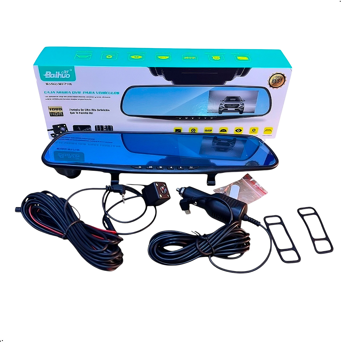 RETROVISOR ESPEJO CON CÁMARA FRONTAL Y RETROCESO + CARGADOR