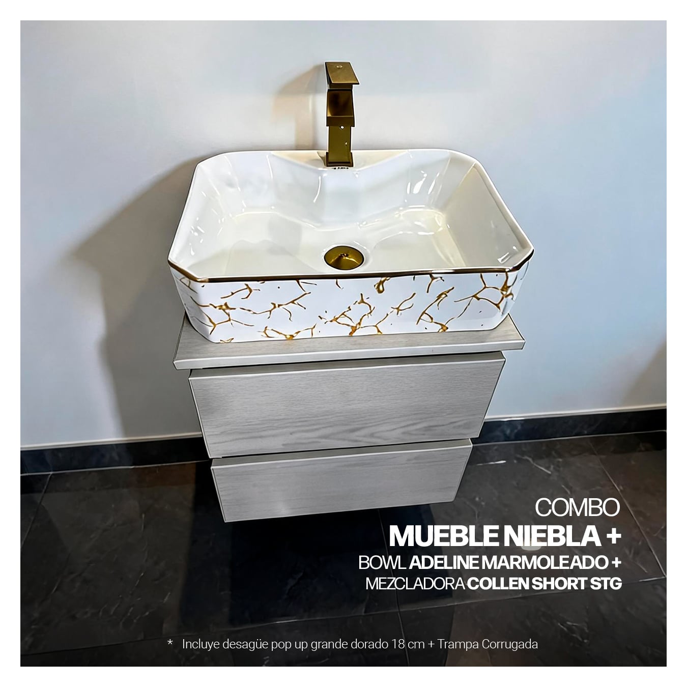 COMBO MUEBLE NIEBLA + BOWL ADELINE MARMOLEADO + MEZCLADORA COLLEN SHORT ...