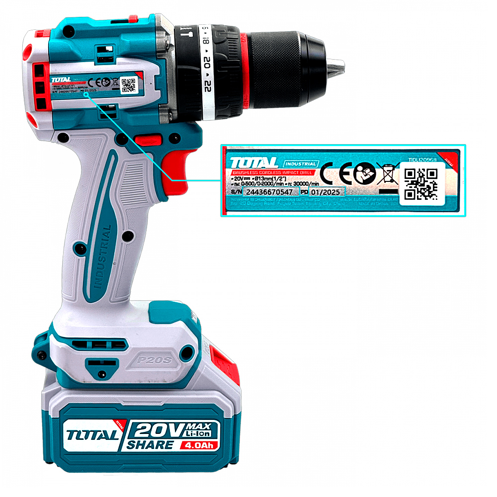 TALADRO ATORNILLADOR PERCUTOR INDUSTRIAL 1/2″ TOTAL TIDLI20968 20V 96NM ...