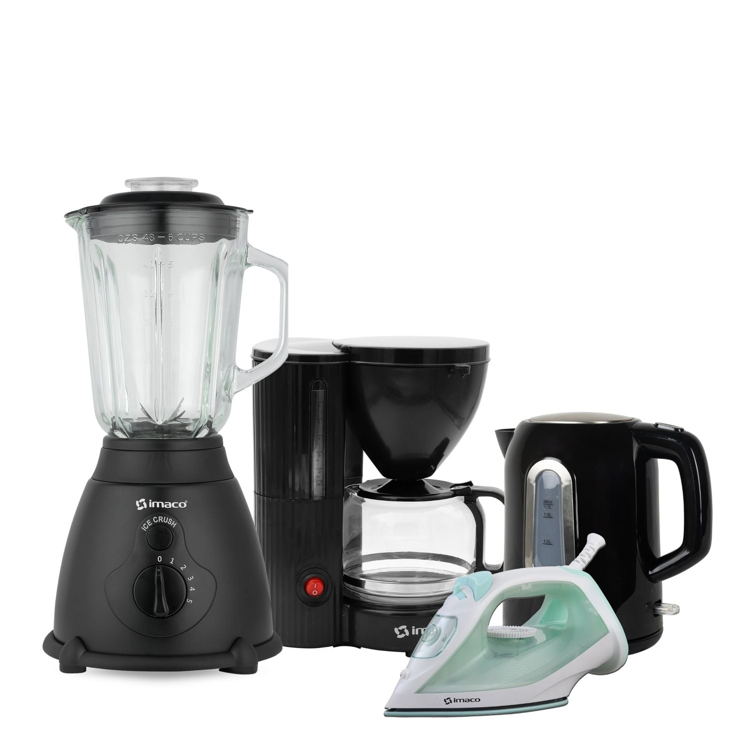 CUATRI-COMBO LICUADORA + CAFETERA + PLANCHA + HERVIDOR IMACO