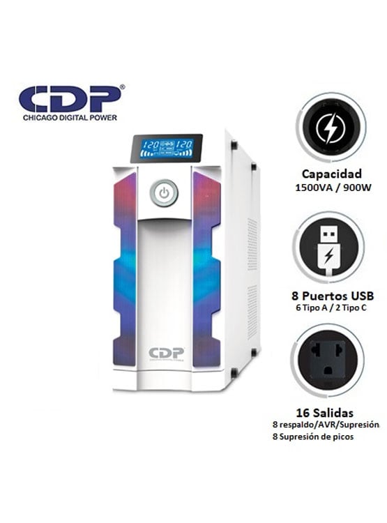 UPS CDP GAMING G-SMART1516I 1500VA / 900W / 16 SALIDAS / 8 PORT USB-A ...