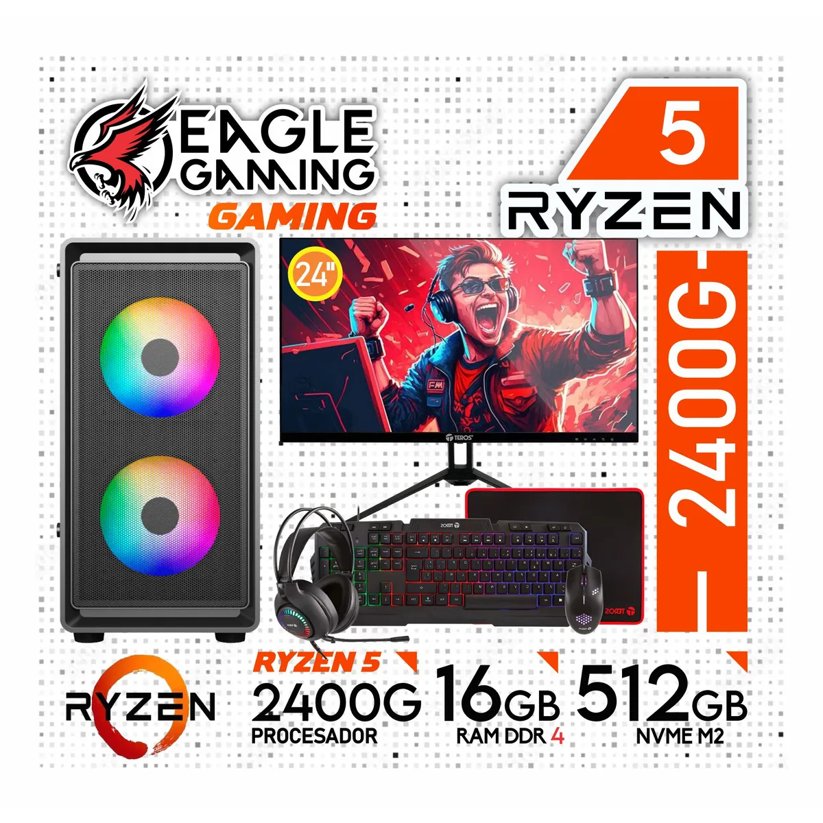 COMPUTADORA PC RYZEN 5 2400G RAM 16GB + SSD 5000GB +MONITOR 24