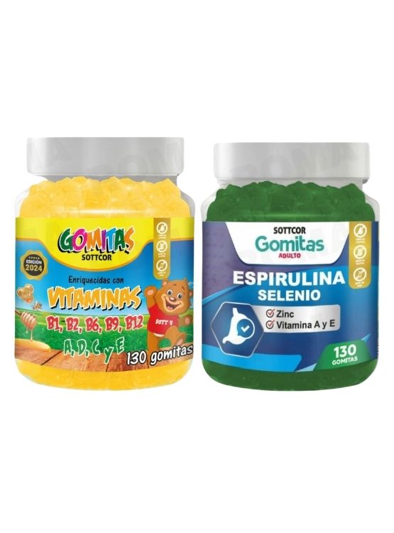PACK 2 GOMITAS VITAMINAS PARA NIÑOS + ESPIRULINA ADULTOS 260 UND