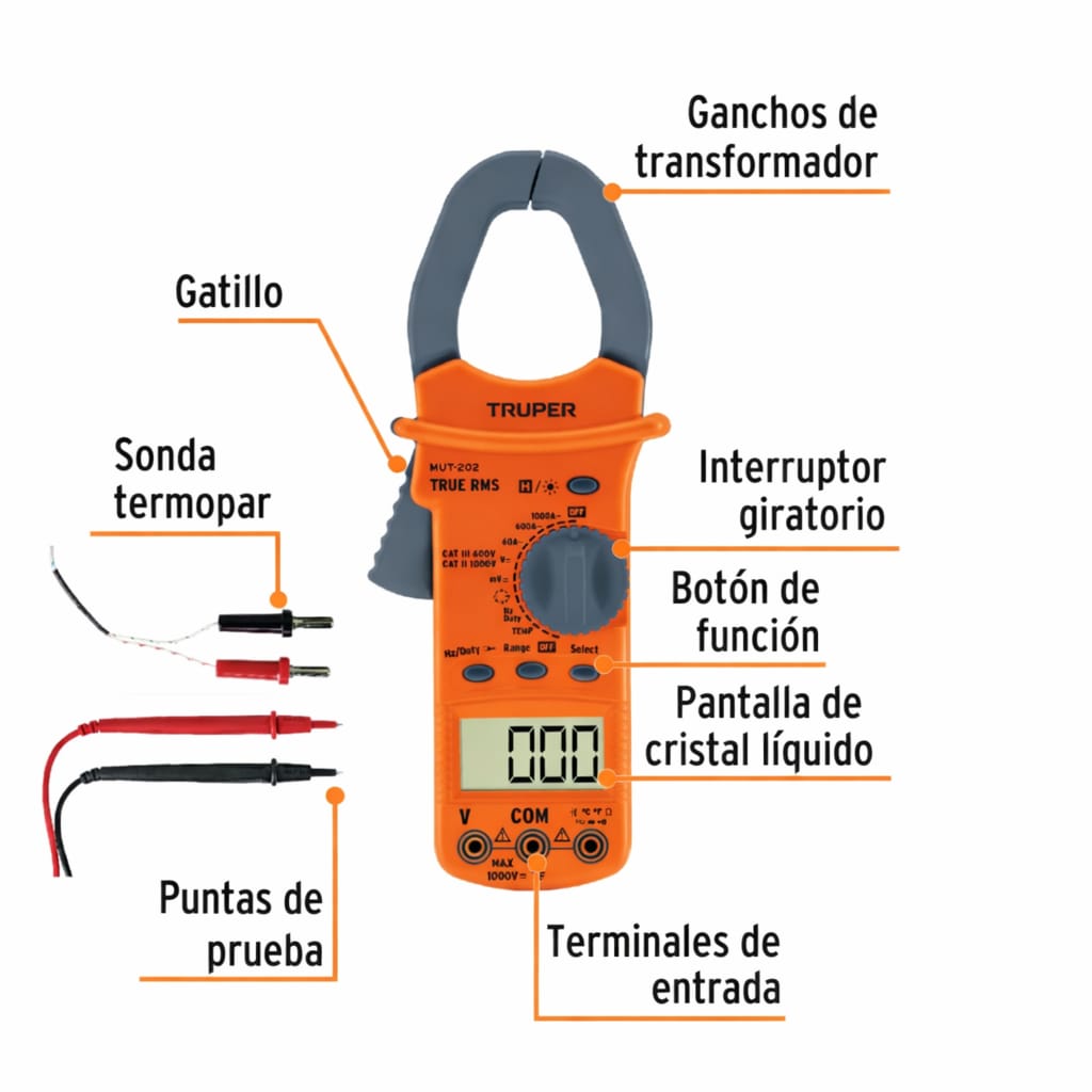 MULTIMETRO DIGITAL DE GANCHO TRUPER MUT-202 TRUE RMS 1000A MEDIDOR ...