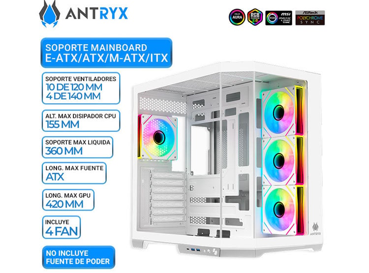 CASE ANTRYX FX 800 WHITE, FAN X4 ARGB, USB TIPO-C, V/TEMPLADO