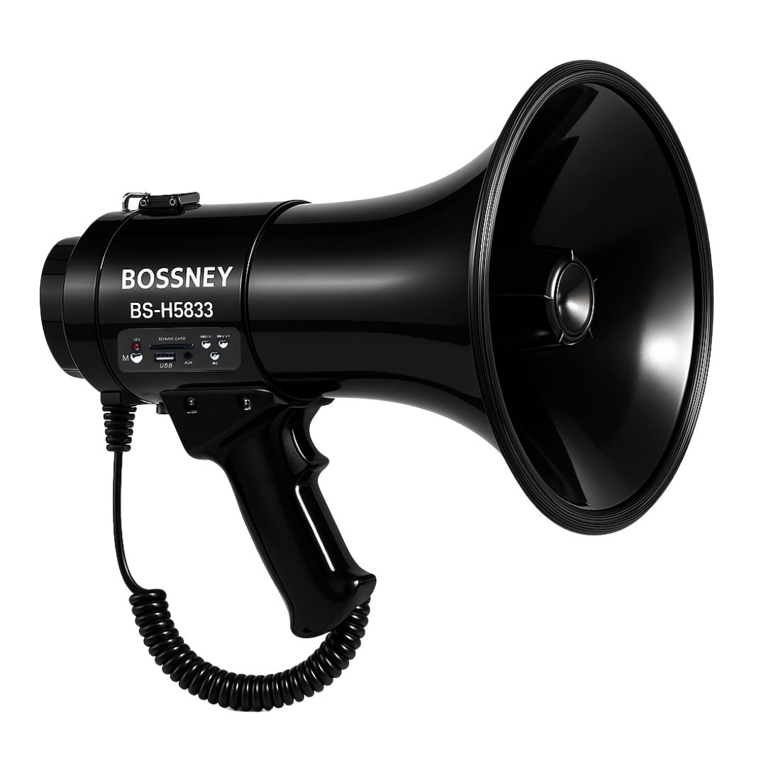 MEGÁFONO BOSSNEY 80W RECARGABLE CON MICRÓFONO GRABACIÓN 300S Y SIRENA