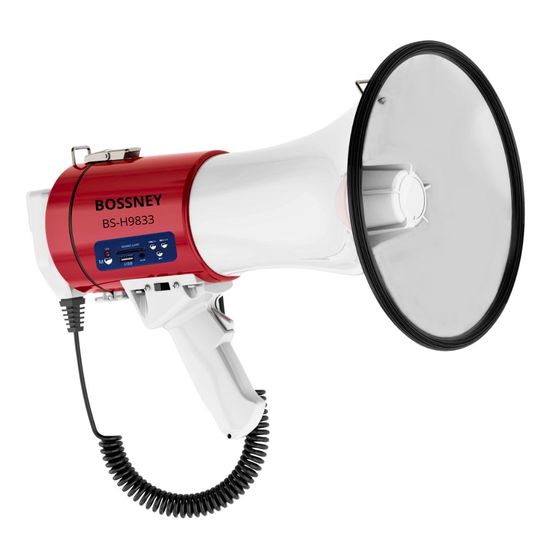 MEGÁFONO BOSSNEY 80W RECARGABLE CON MICRÓFONO GRABACIÓN 300S Y SIRENA