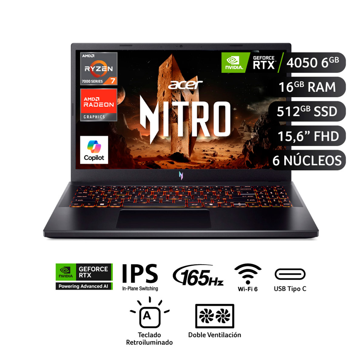 LAPTOP ACER NITRO V AMD RYZEN 7 16GB RAM 512GB SSD NVIDIA RTX 4050 15.6”