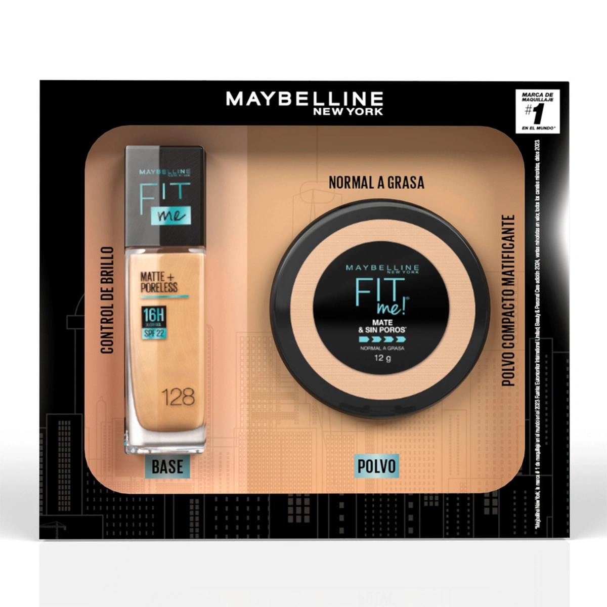 PACK MAYBELLINE BASE LÍQUIDA FIT ME 128 + POLVO COMPACTO FIT ME 128