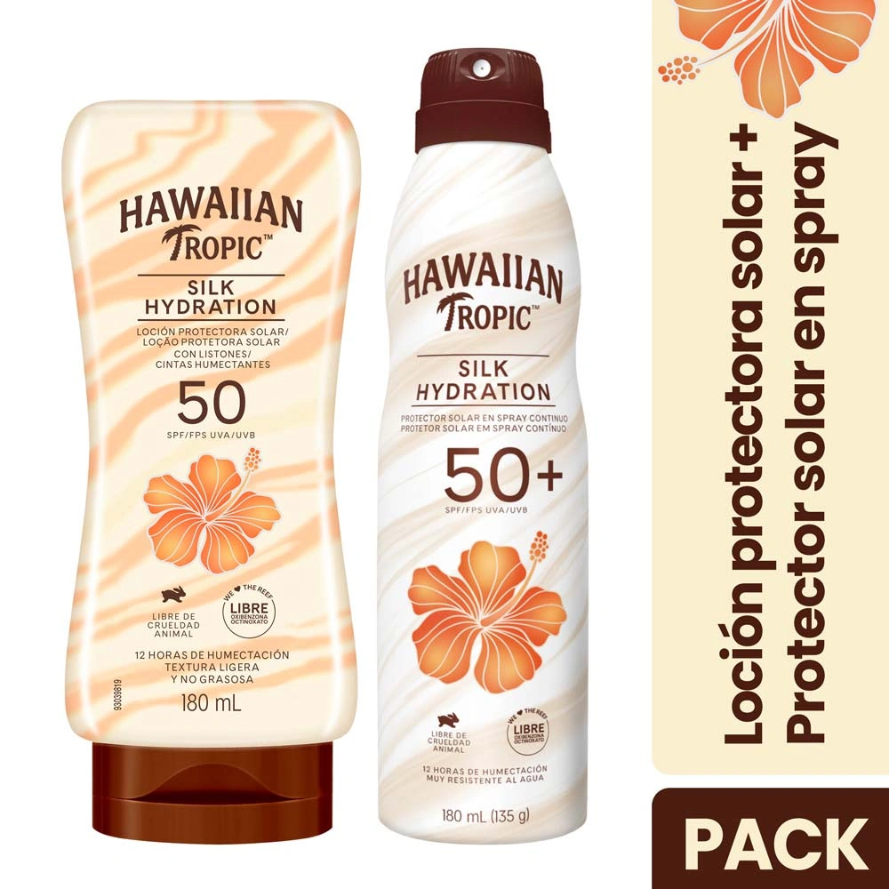 PACK HAWAIIAN TROPIC SILK HYDRATION SPF50 180 ML + SILK HYDRATION SPRAY ...